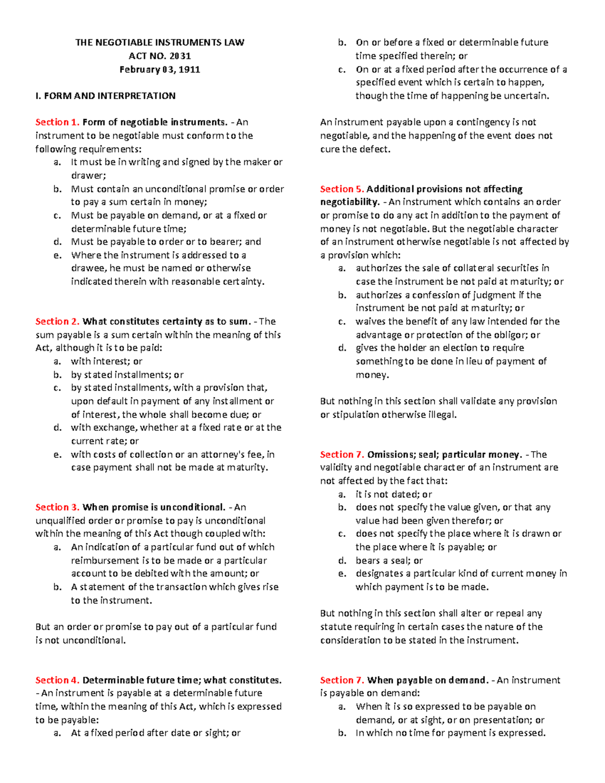 Negotiable Instruments Law Secs 1 15 - THE NEGOTIABLE INSTRUMENTS LAW ...