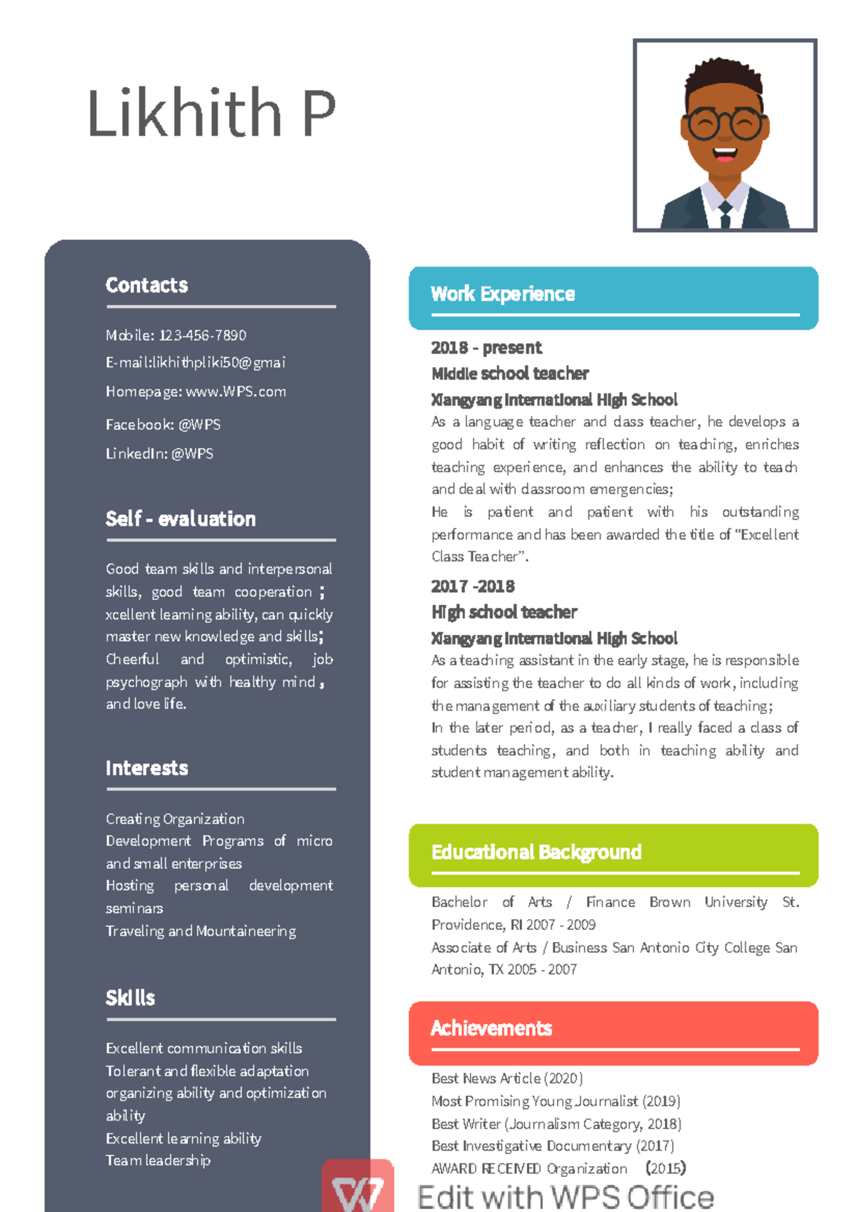 Creative Colorful Resume-WPS Office - Likhith P EducationalBackground Bachelor of Arts / Finance ...