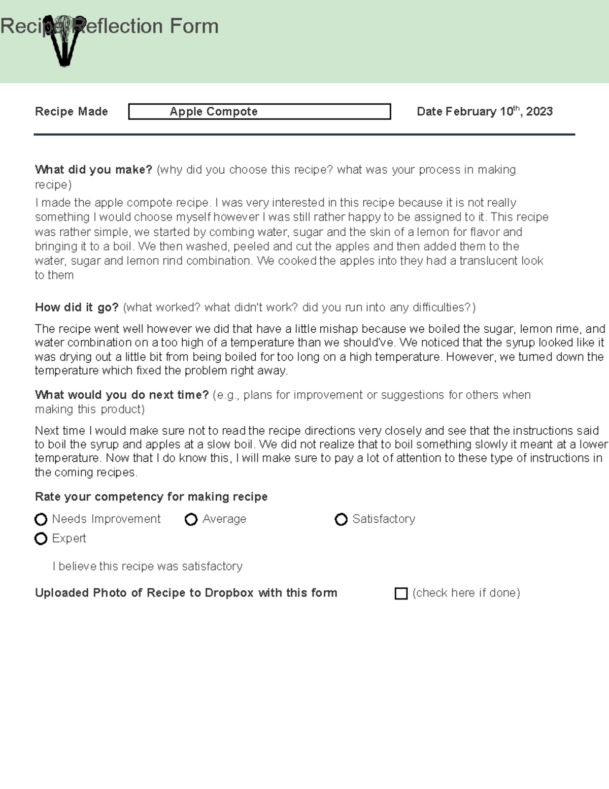 Recipe Reflection Form-2 - Recipe Made Apple Compote Date February 10th ...