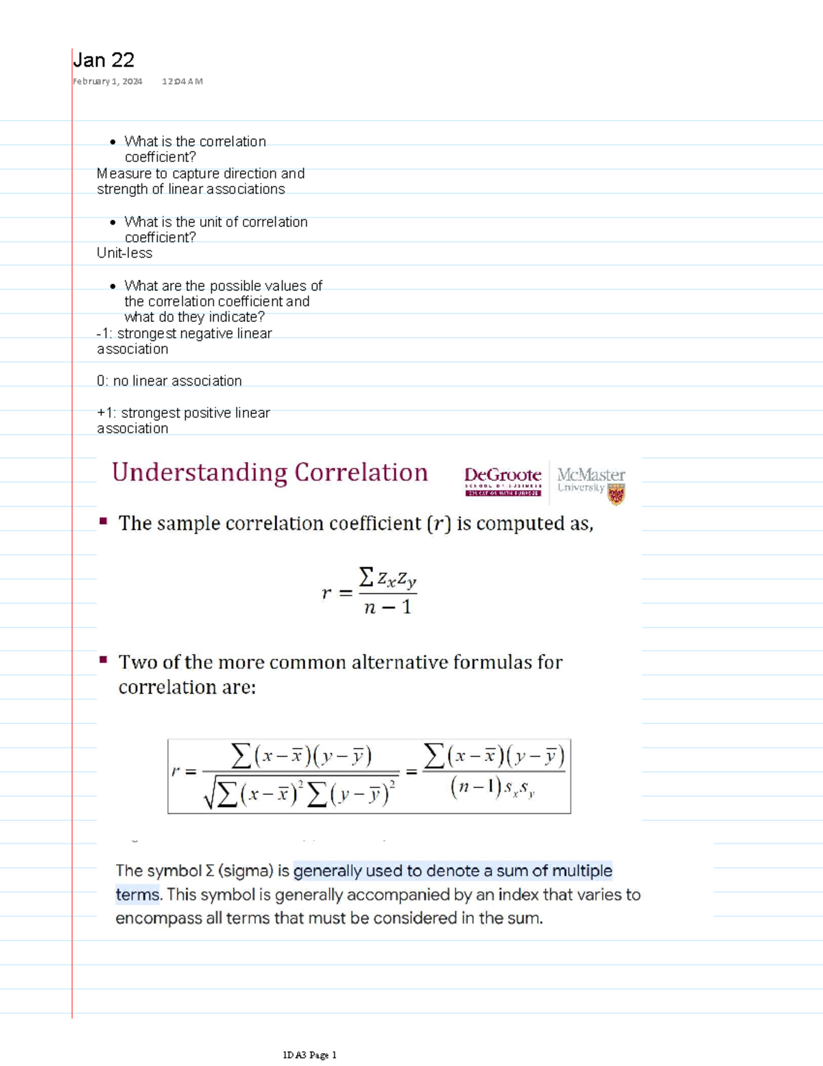 1DA3 notes lesson Jan 22 - What is the correlation coefficient ...