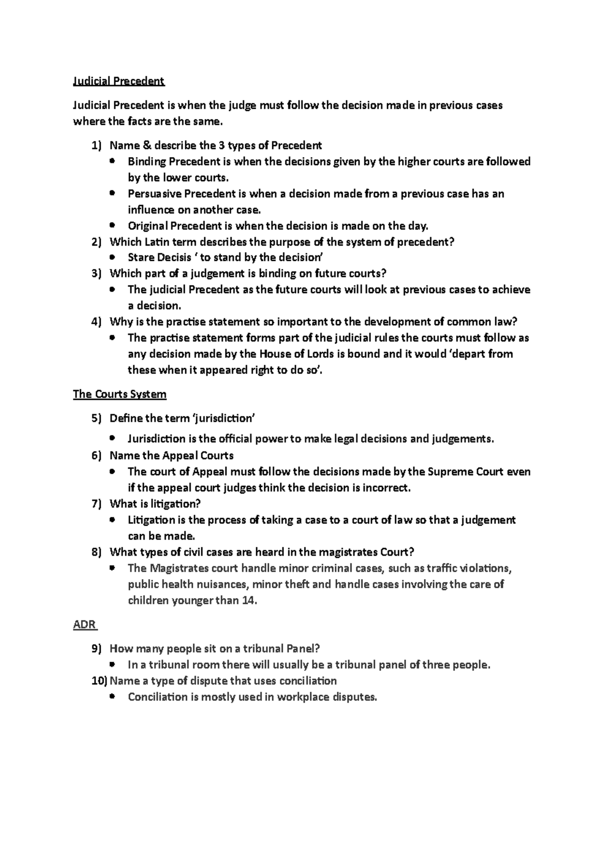 BTEC LAW WORK - Notes - Judicial Precedent Judicial Precedent is when ...