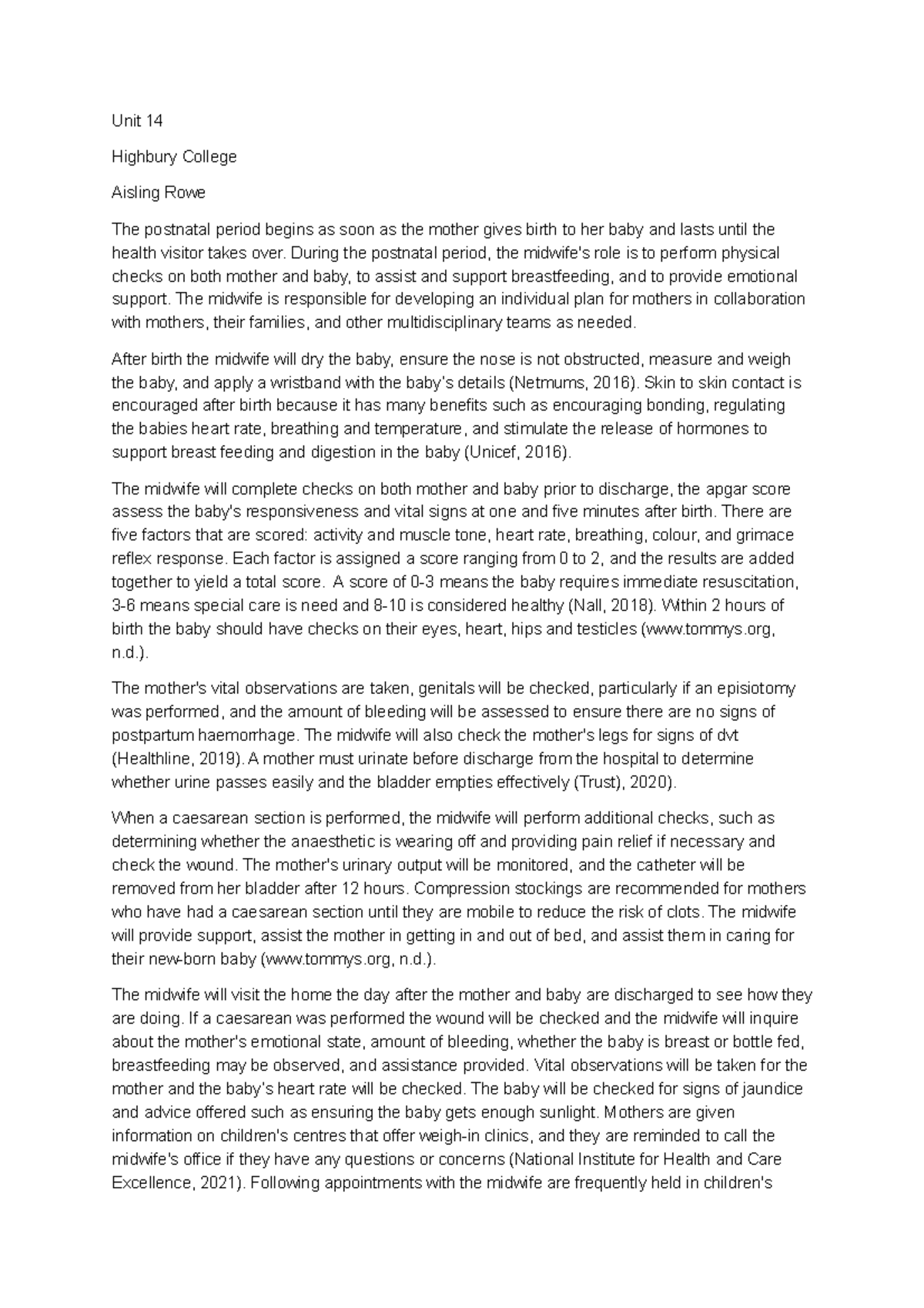 Unit 14 Final - The role of the midwife in the postnatal period - Unit ...