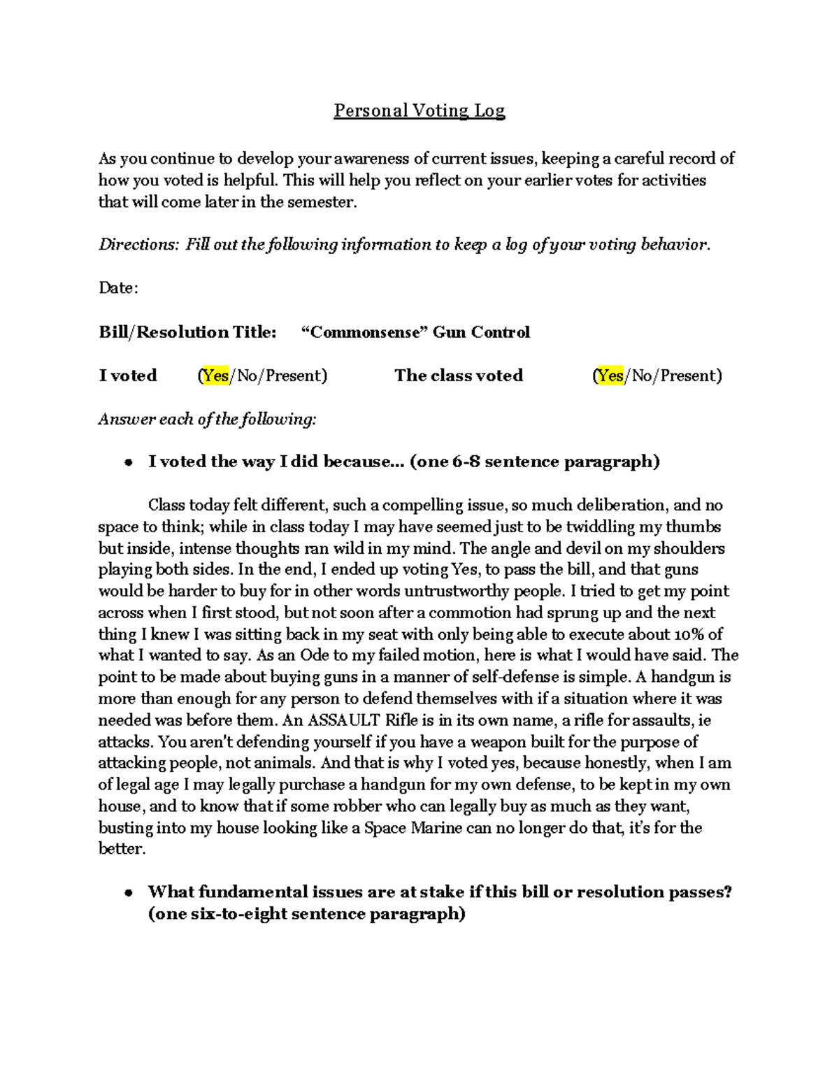 Copy of Personal Voting Log - Personal Voting Log As you continue to ...