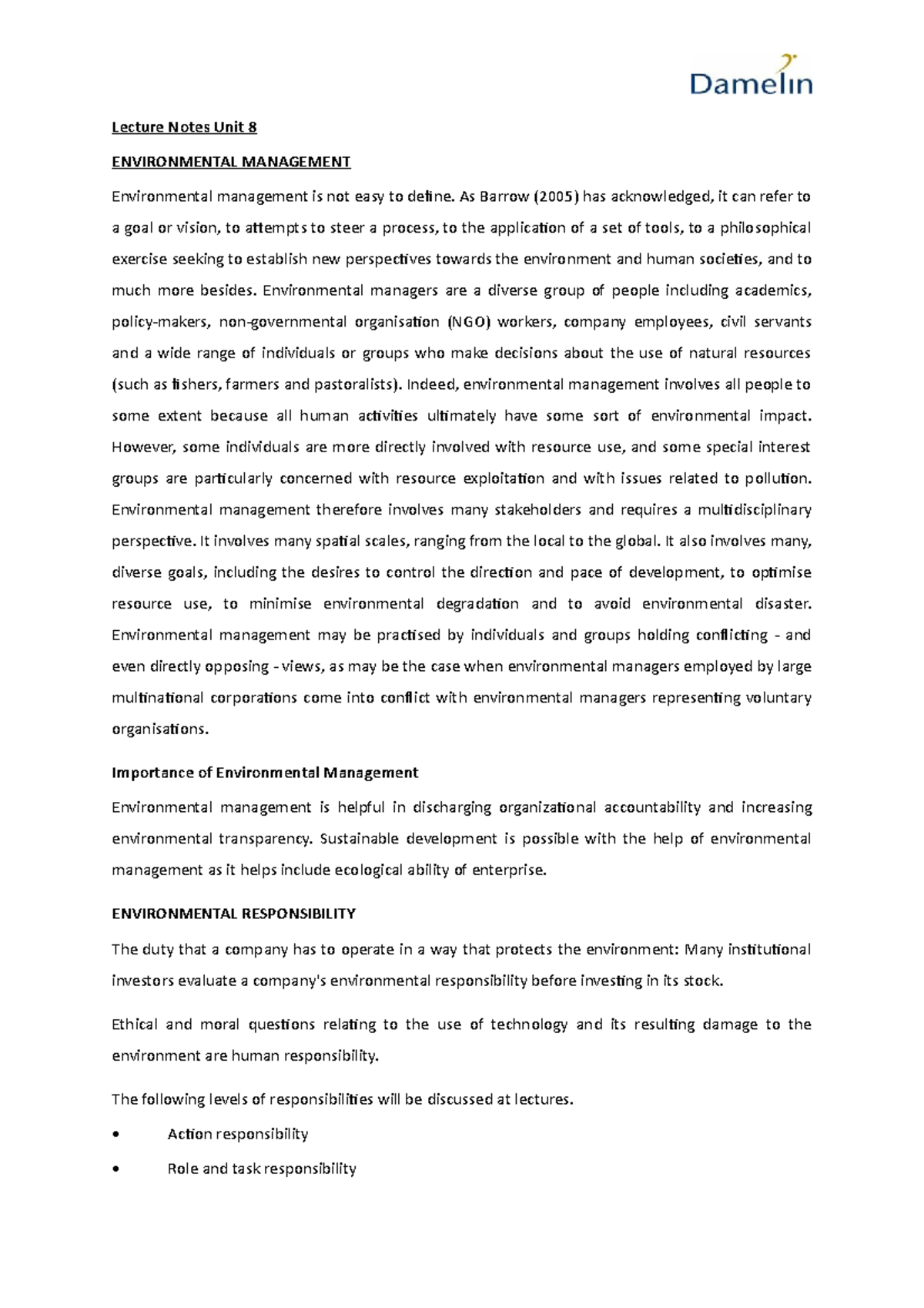 Environmental Management - Lecture Notes Unit 8 ENVIRONMENTAL ...