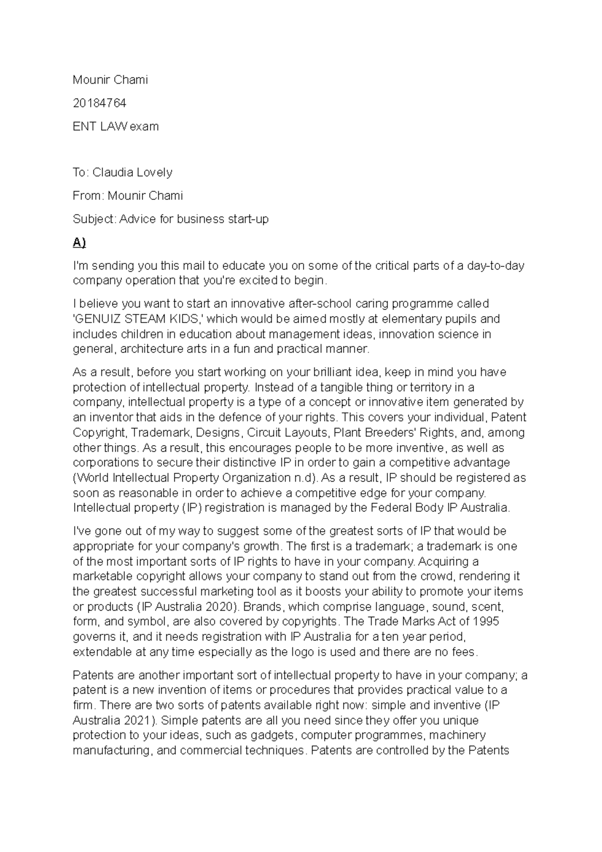ENT LAW Exam - fdgdggd - Mounir Chami 20184764 ENT LAW exam To: Claudia ...