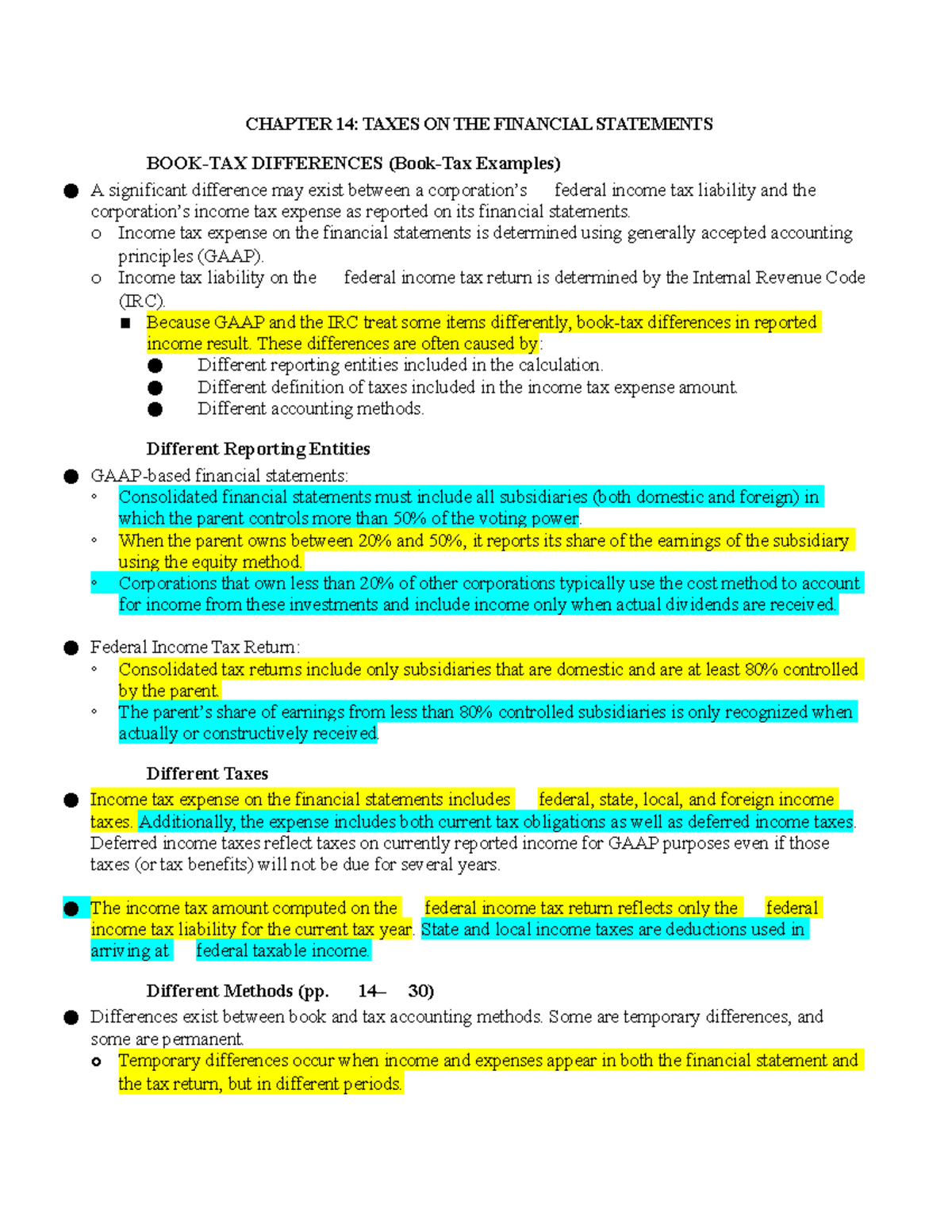 ACC611 M3 C14 Notes - CHAPTER 14: TAXES ON THE FINANCIAL STATEMENTS ...