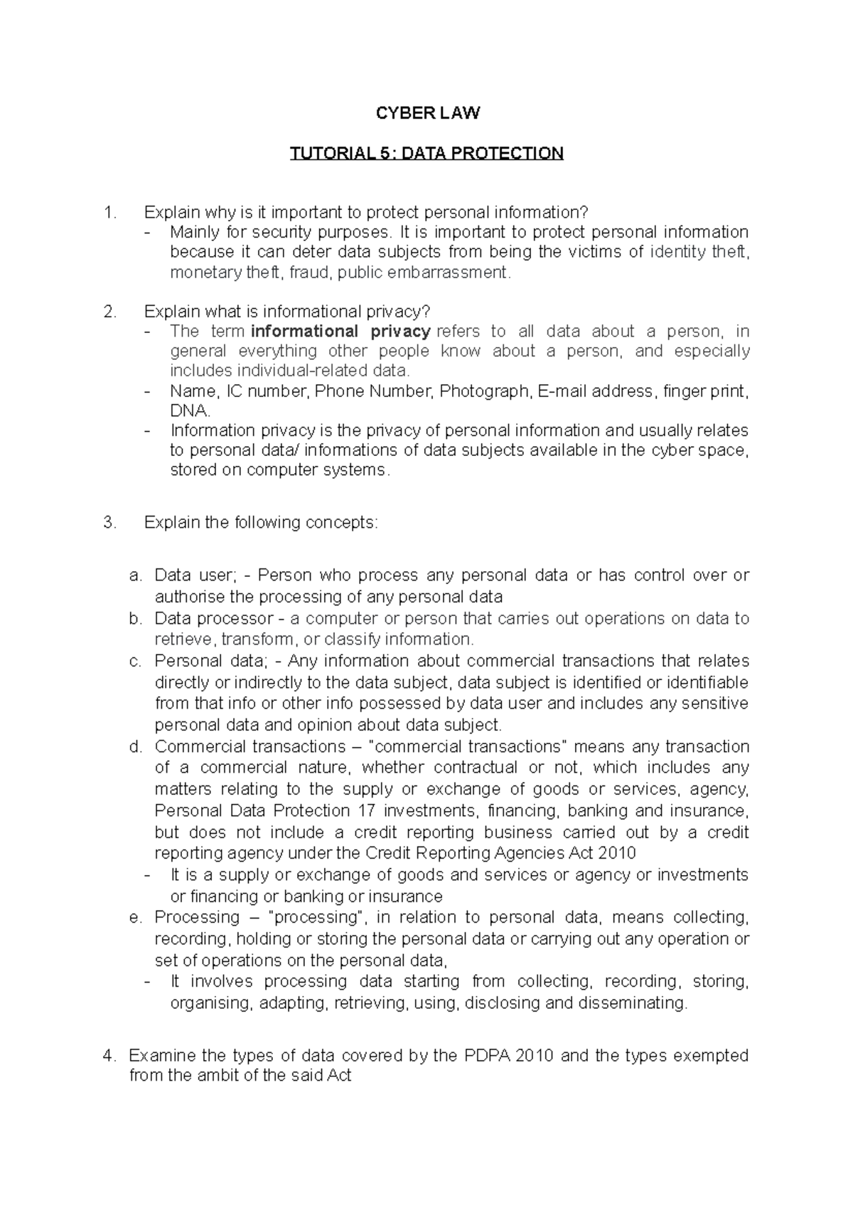 Data protection tutorial law 572 - CYBER LAW TUTORIAL 5: DATA ...