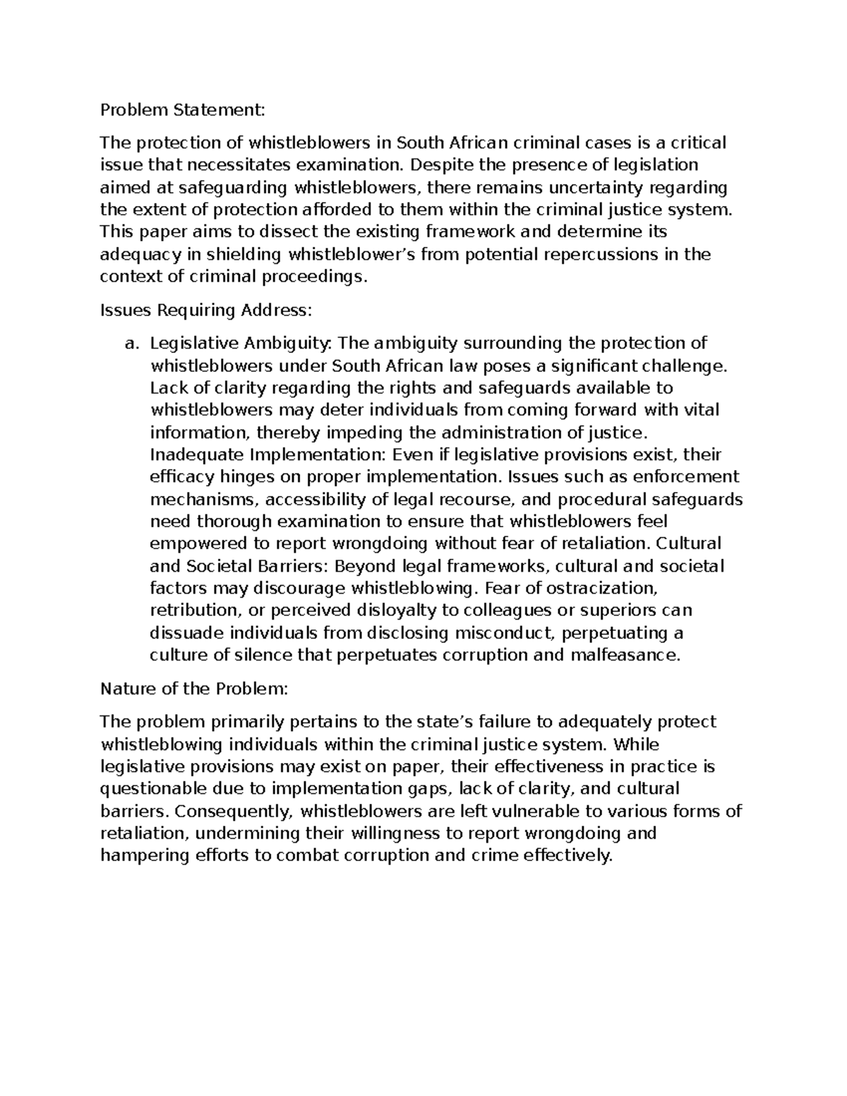 Pua p - notes - Problem Statement: The protection of whistleblowers in ...