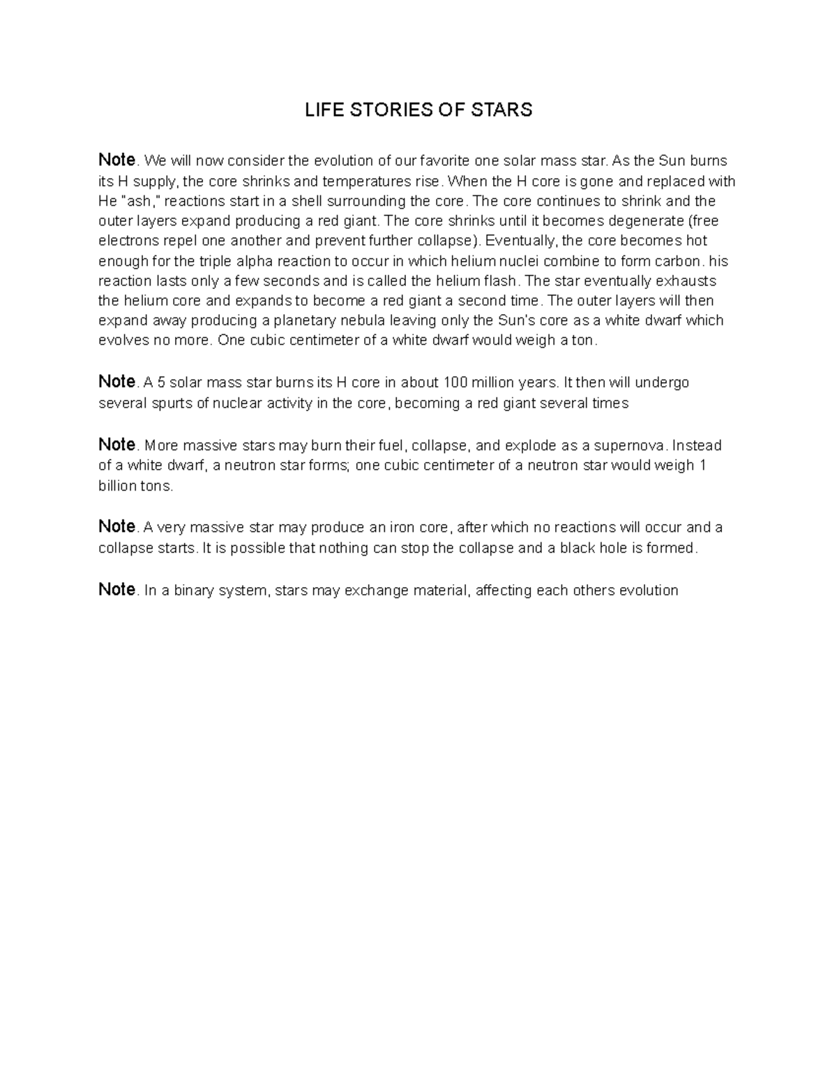 Astronomy Chapter 23 Notes Life Stories of Stars - LIFE STORIES OF ...