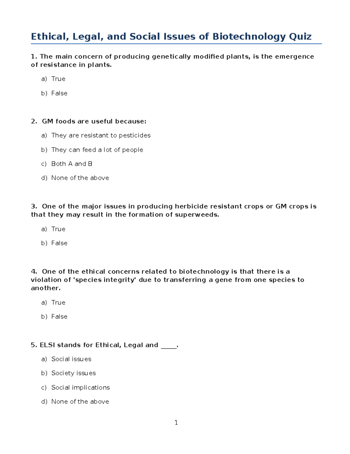 Ethical Legal Social Issuesof Biotechnology Quiz - Ethical, Legal, and ...