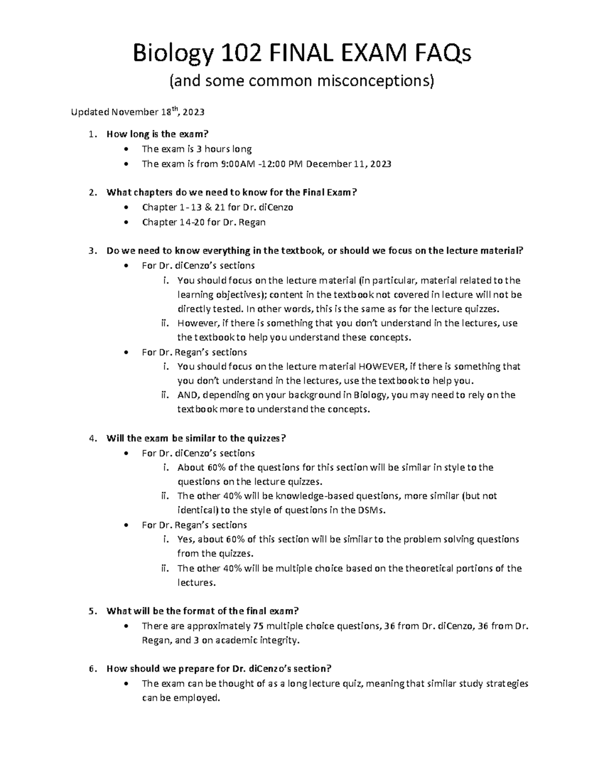 Biology 102 Final Exam FAQs 2023 - (and some common misconceptions ...
