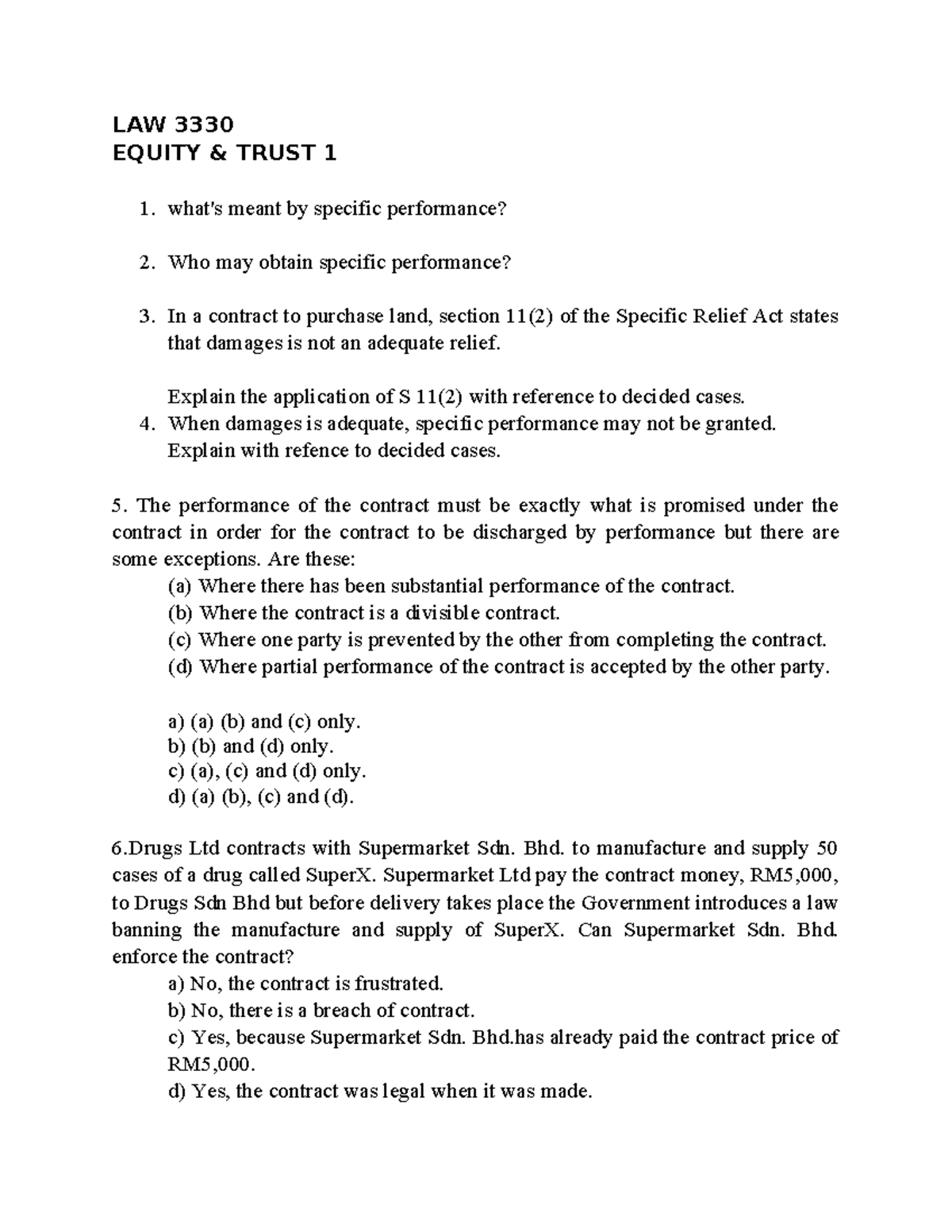 Equity Tutorial Question 2 - LAW 3330 EQUITY & TRUST 1 what's meant by specific performance? Who ...