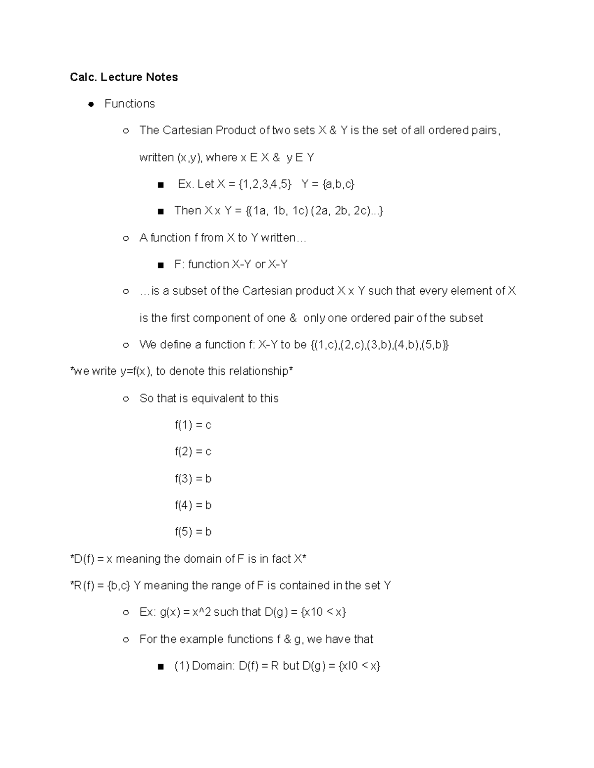 Calc - Limits Notes - Calc. Lecture Notes Functions The Cartesian ...