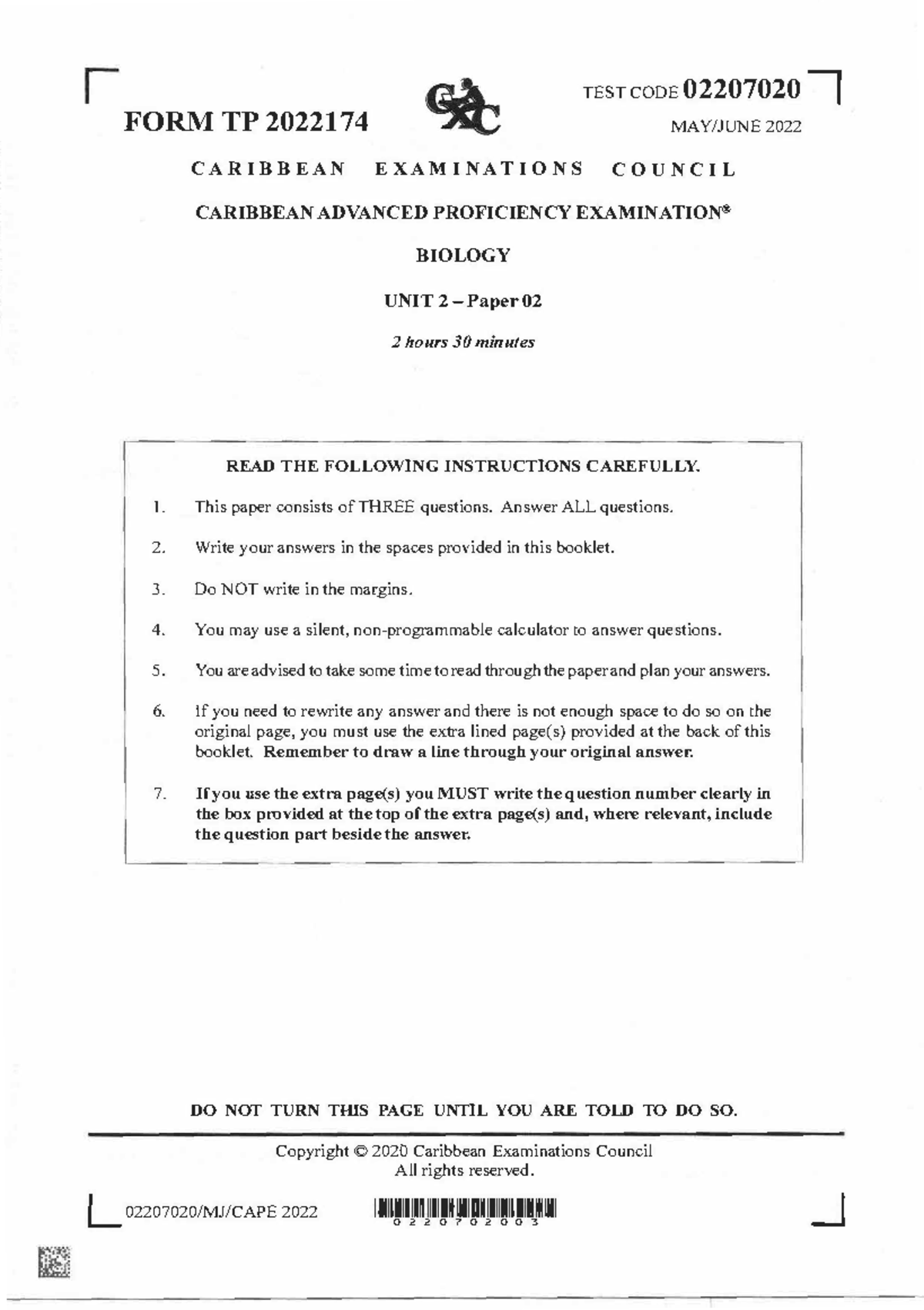 CAPE Biology 2022 U2 P2 - ####### FORM TP 2022174 C A R I B BEA N EX A ...