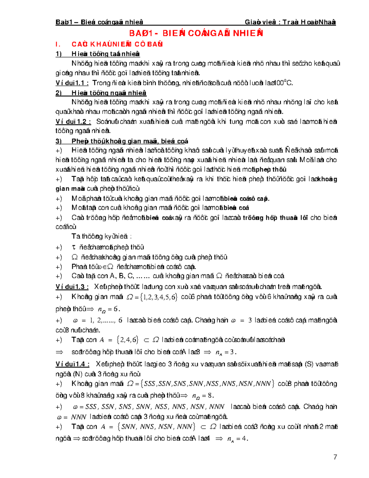 Bai 1 - Bien co ngau nhien - Baøi 1 – Bieán coángaãu nhieân Giaùo vieân ...