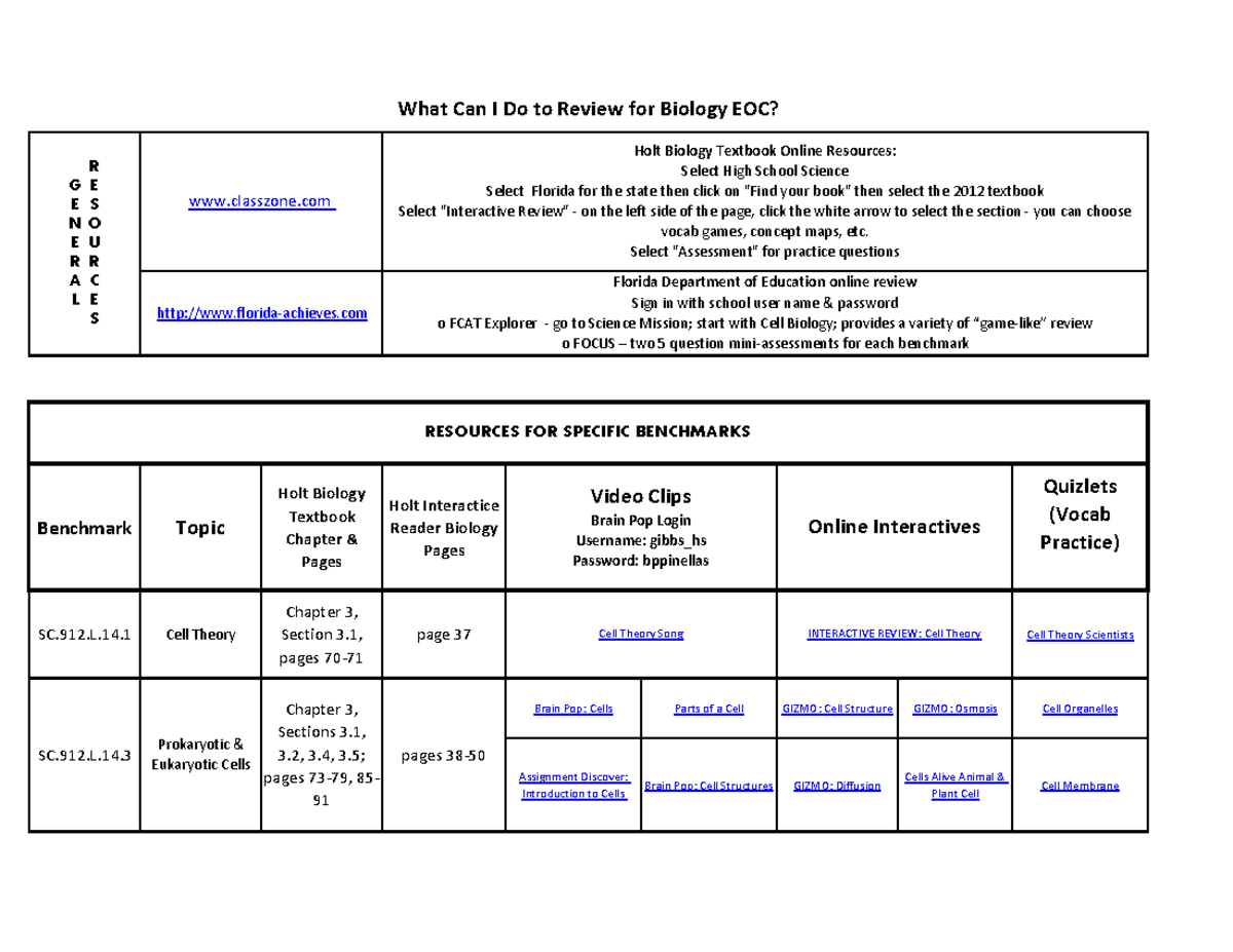 Images Bio EOCReview - Bio eoc study - Benchmark Topic Holt Biology ...