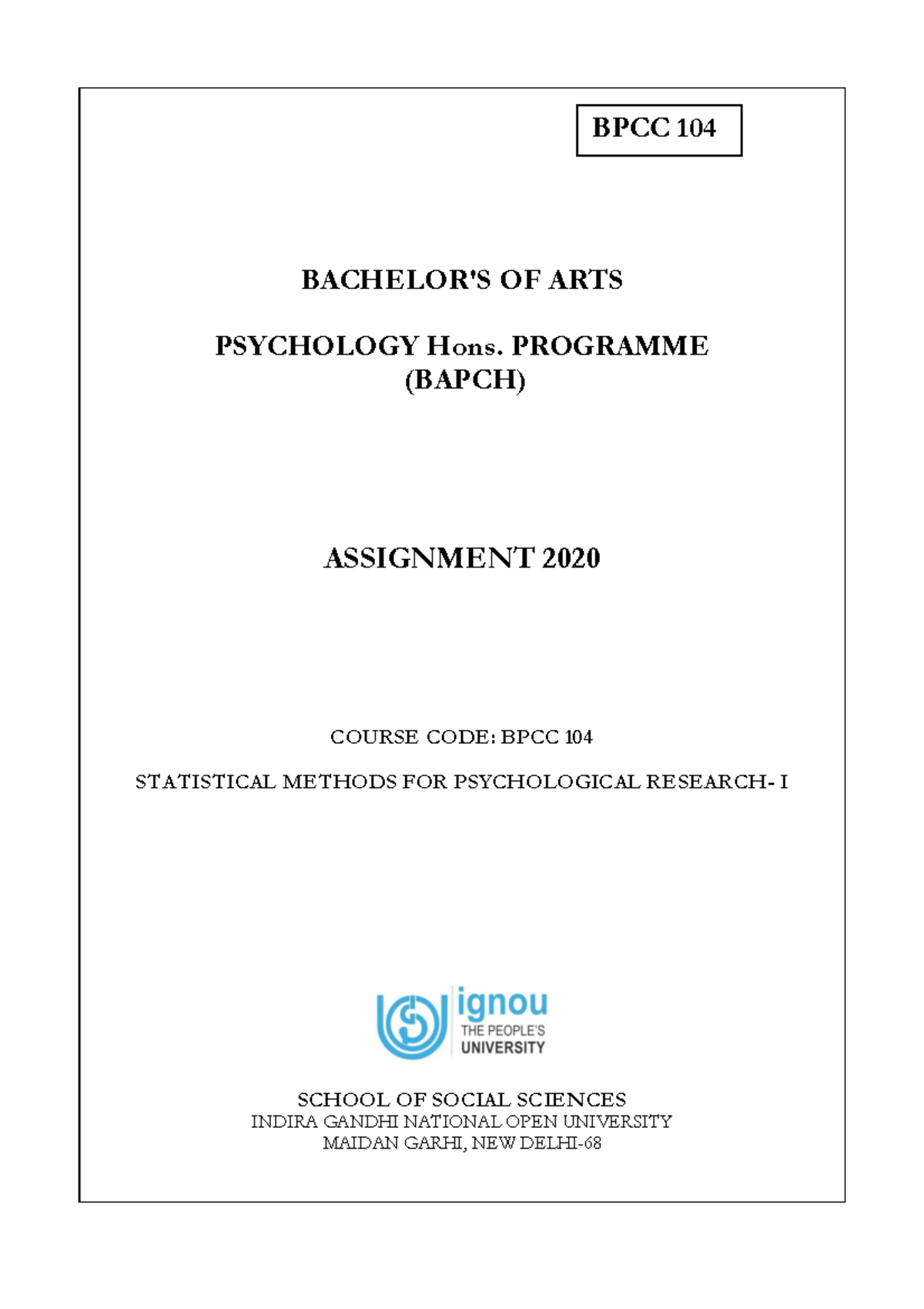 BPCC 104 Statistical Methods for Psychological - BPCC 104 BACHELOR'S OF ... BPCC 104 Statistical Methods for Psychological - BPCC 104 BACHELOR'S OF ...