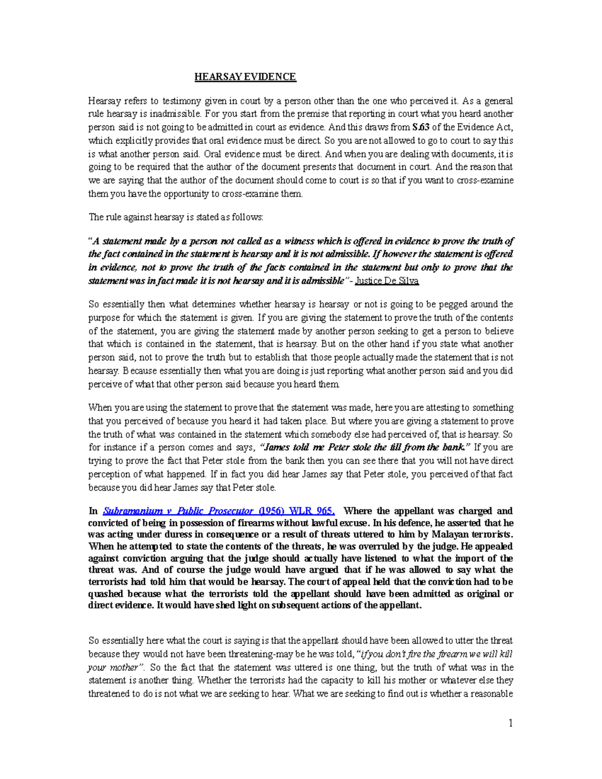 Hearsay Evidence Notes - HEARSAY EVIDENCE Hearsay refers to testimony ...