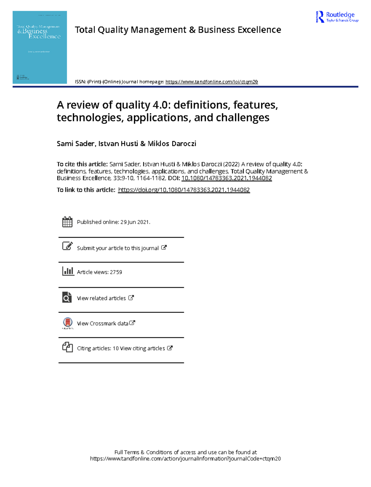 A review of quality 4 0 definitions features technologies applications ...