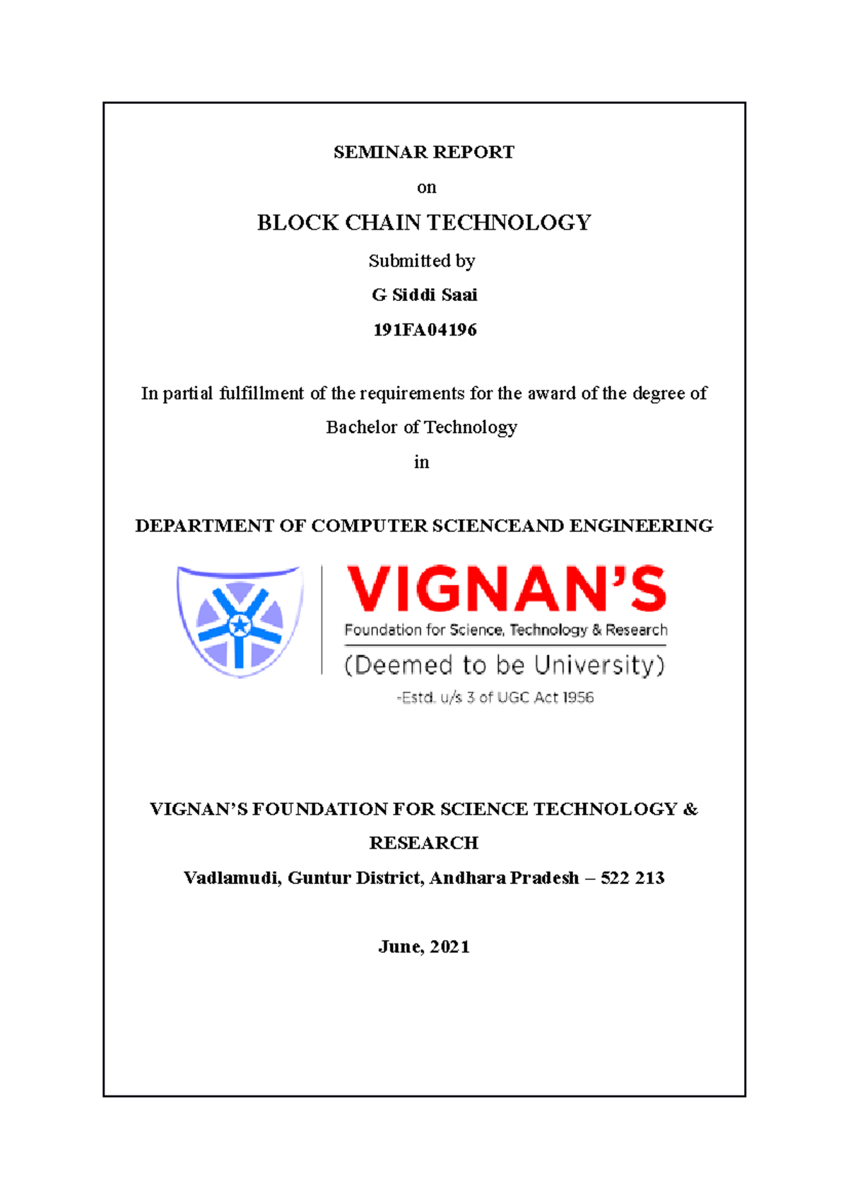 Format for Technical Seminar - SEMINAR REPORT on BLOCK CHAIN TECHNOLOGY ...