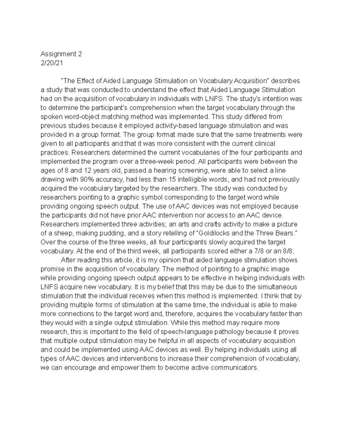 Aided Language Stimulation - The study’s intention was to determine the ...