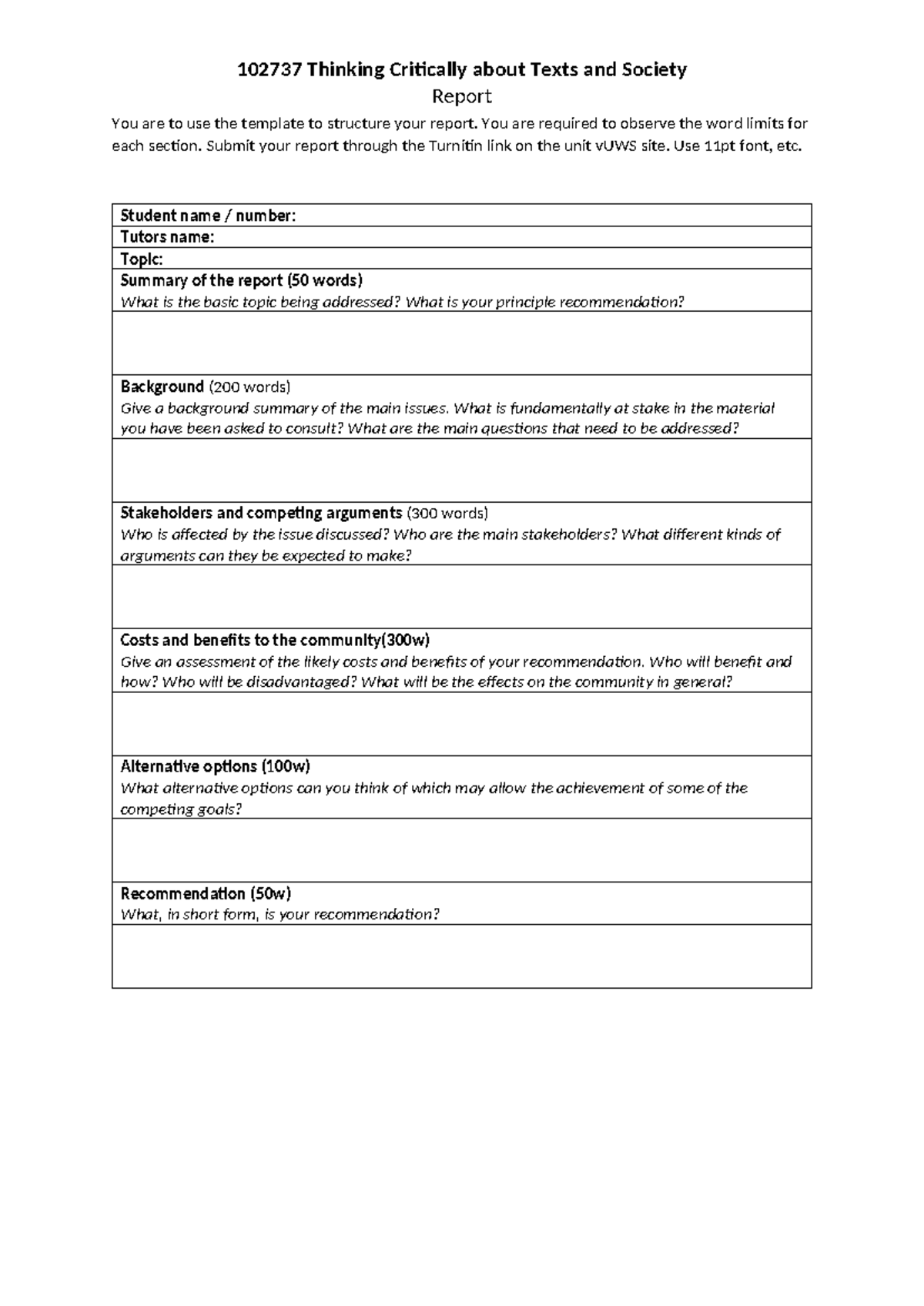 Report template - 102737 Thinking Critically about Texts and Society ...