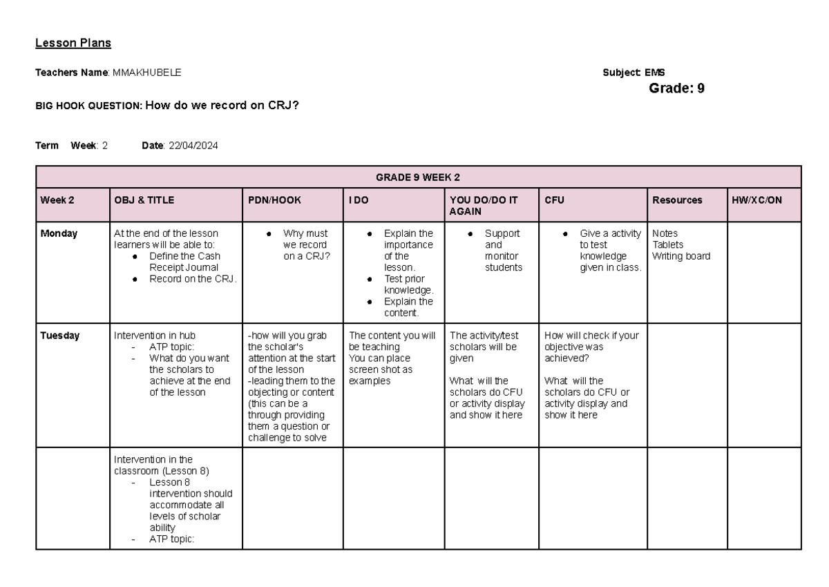 BLF LSA Lesson plan - Tier 1 template - Lesson Plans Teachers Name ...