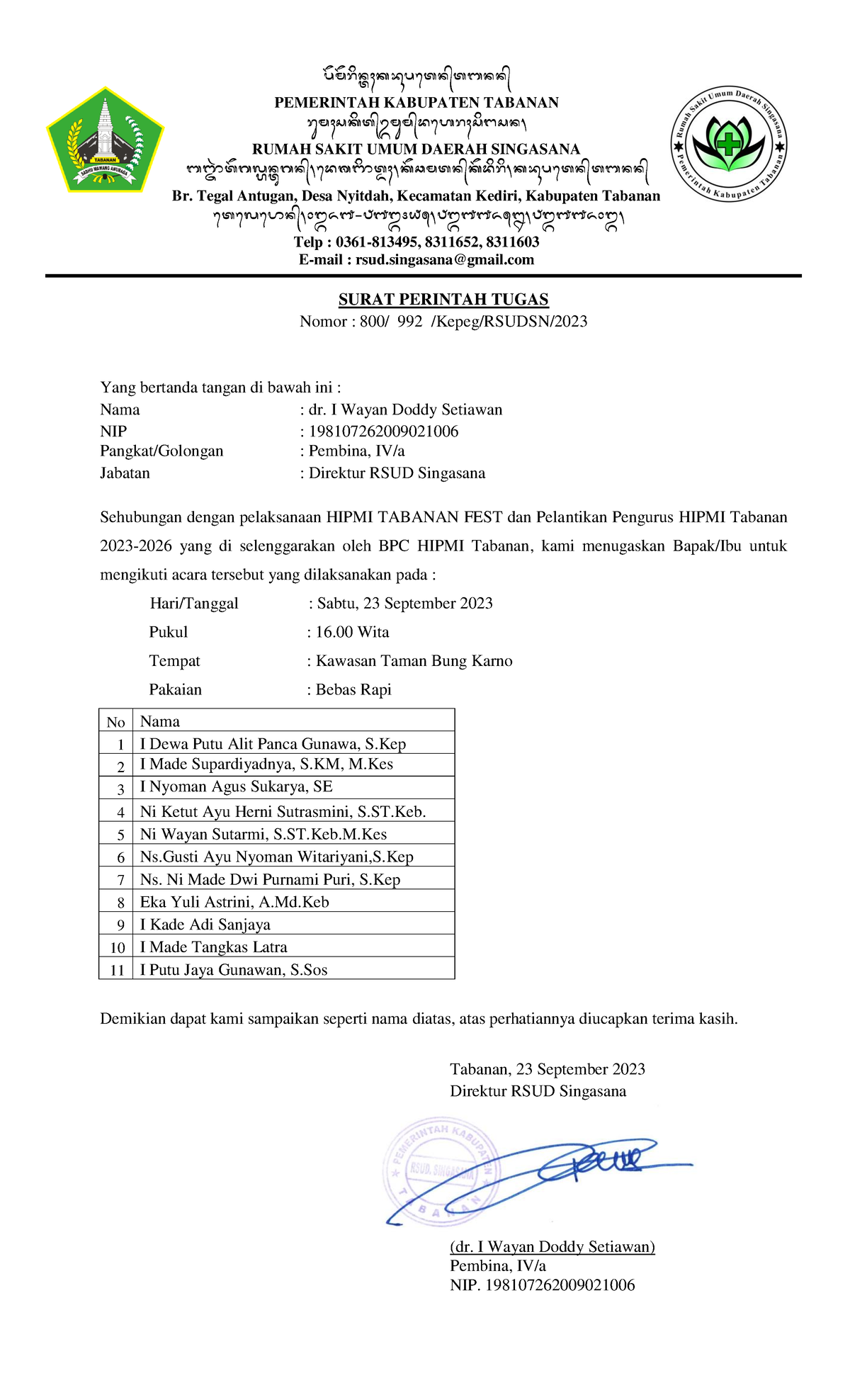 SPT Acara Hipmi Tabanan FEST - SURAT PERINTAH TUGAS Nomor : 800/ 992 ...
