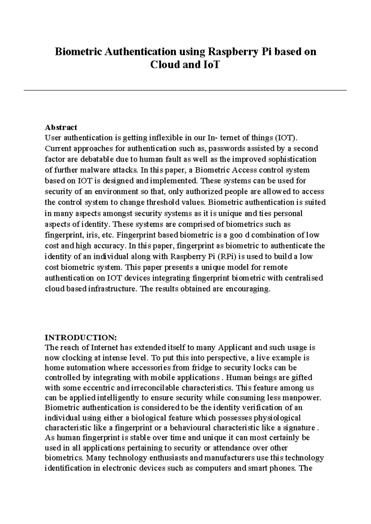 Biometric Authentication using Raspberry Pi based on Cloud and Io T ...