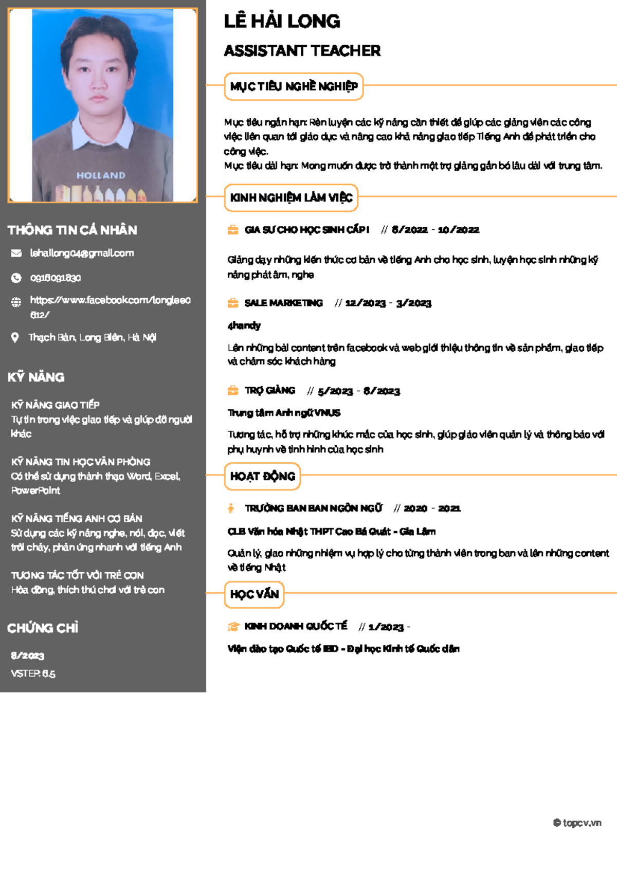 Le Hai Long Top CV - kdnkasldna - THÔNG TIN CÁ NHÂN lehailong04@gmail 0916091830 - Studocu