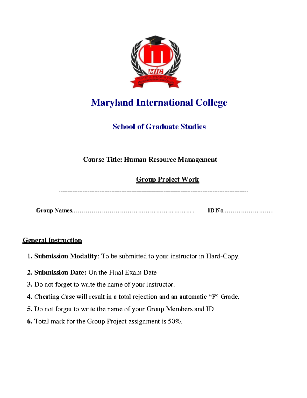 Human Resource Management Course Project Work - Maryland International ...