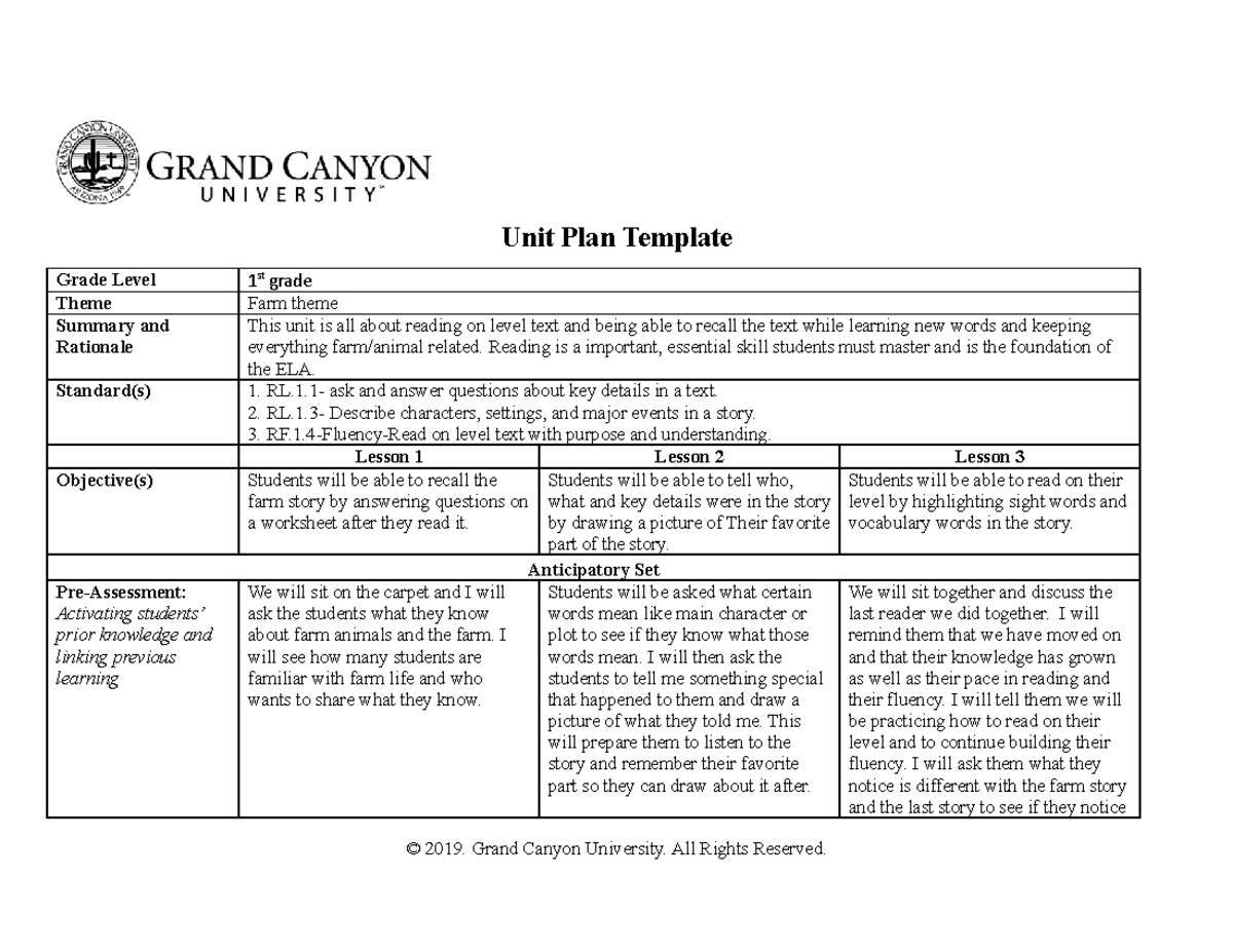 ECE 450 T3 Unit Plan Template 2 Unit Plan Template Grade Level 1 St 