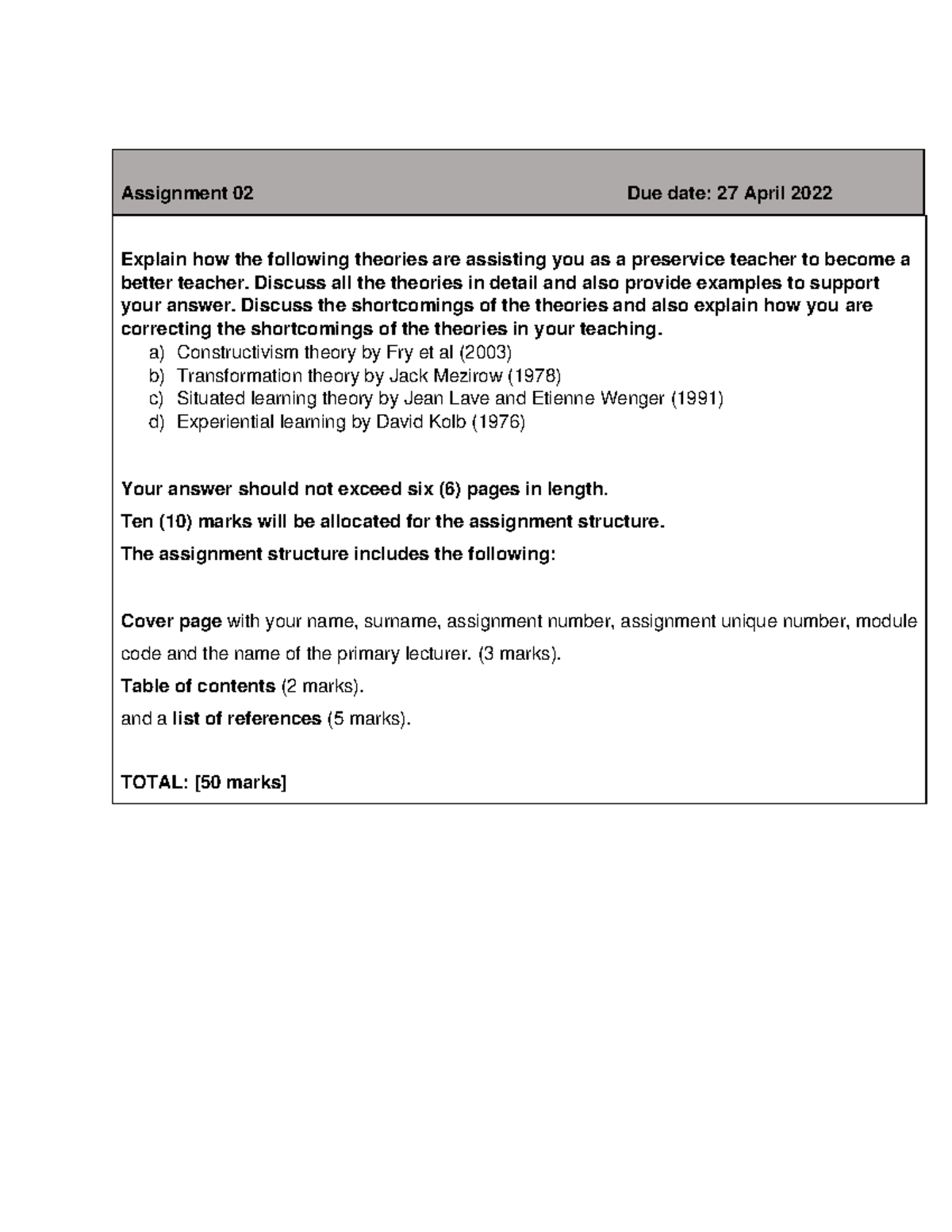 EDSS 3701 Assignment 02 2022 - Assignment 02 Due date: 27 April 2022 ...