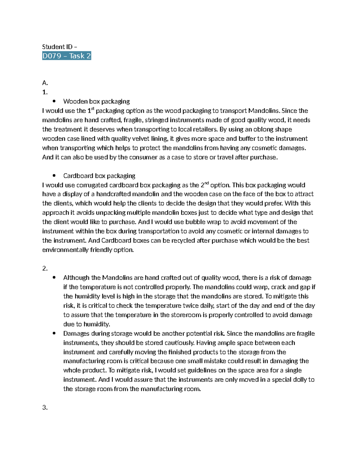 D 079 Task 2 - PASSED - Student ID – D079 – Task 2 A. 1. Wooden box ...