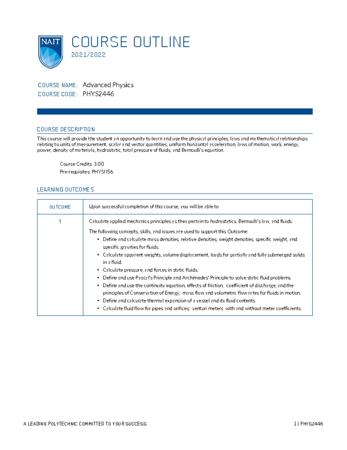 Course Outline PHYS2446 - 2021 - COURSE OUTLINE 2021/ COURSE NAME ...