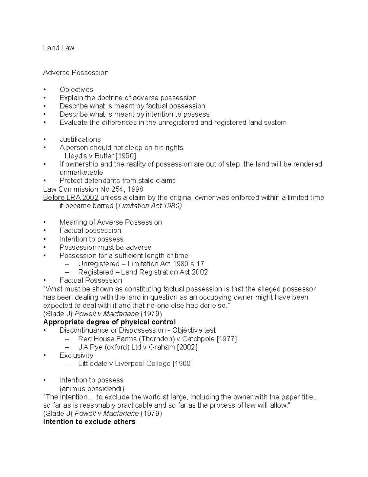Adverse Possession - Land Law Adverse Possession • • • • • Objectives ...