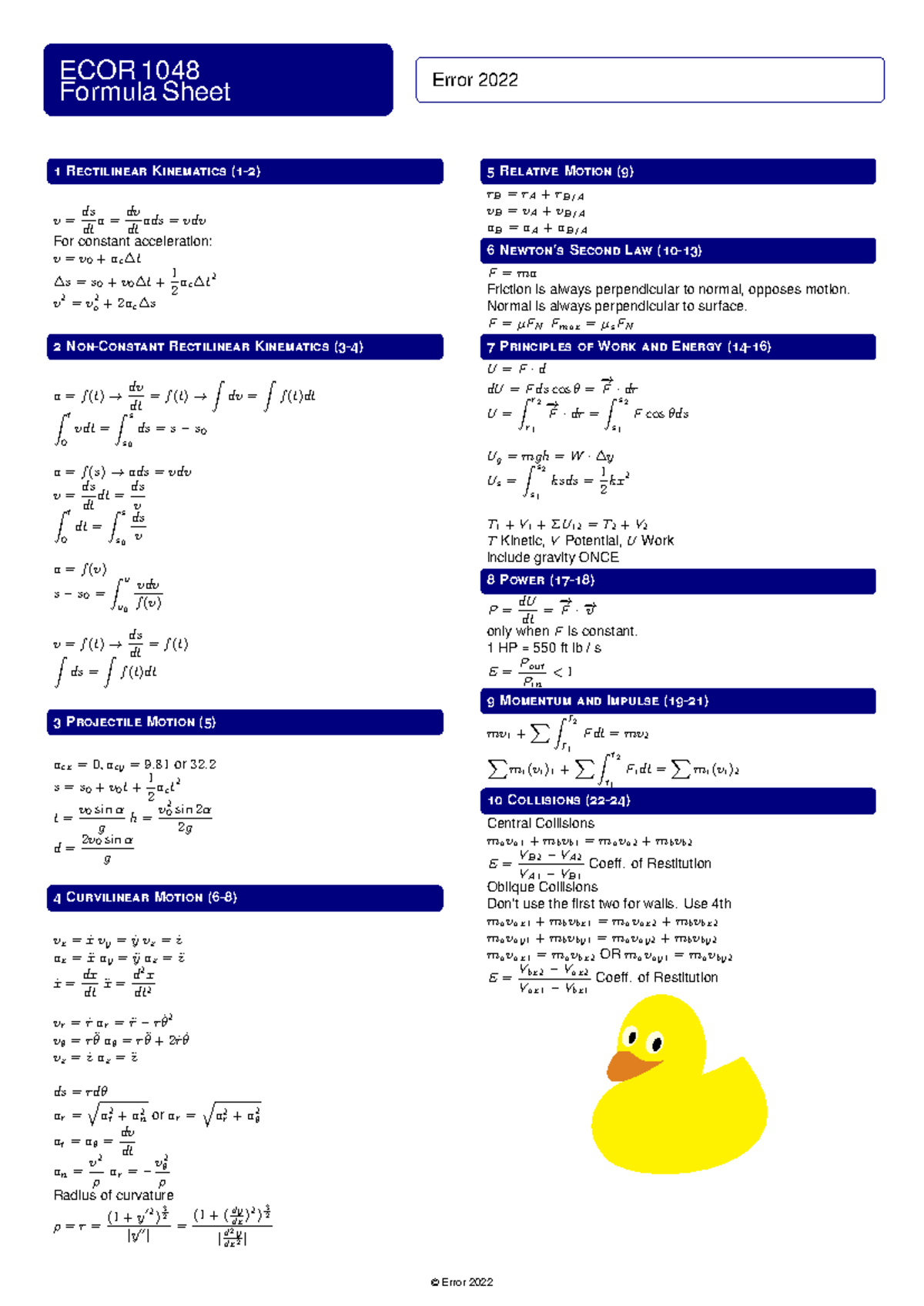 Dynamics Formula Sheet - ECOR 1048 Formula Sheet Error 2022 1 ...