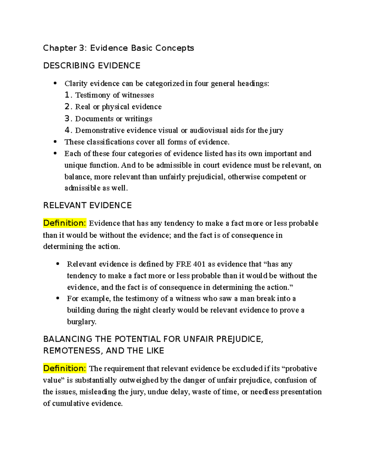 Notes - Chapter 3: Evidence Basic Concepts DESCRIBING EVIDENCE Clarity ...