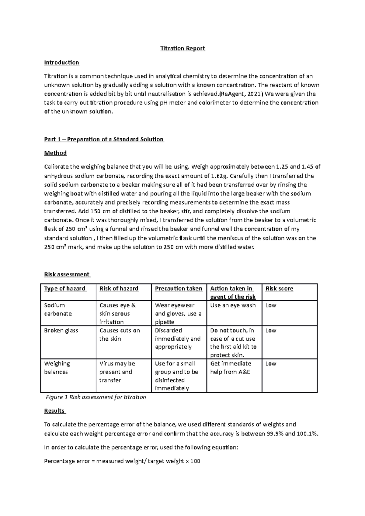 Titration Report - n/a - Titration Report Introduction Titration is a ...