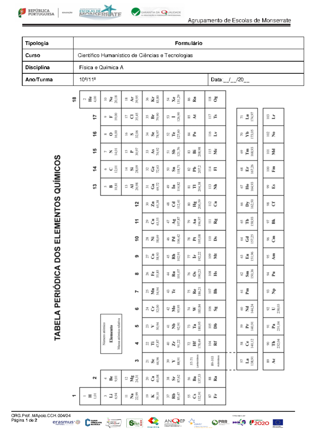 Formulário FQ - Formulario exame FQA - Biologia do Envelhecimento ...