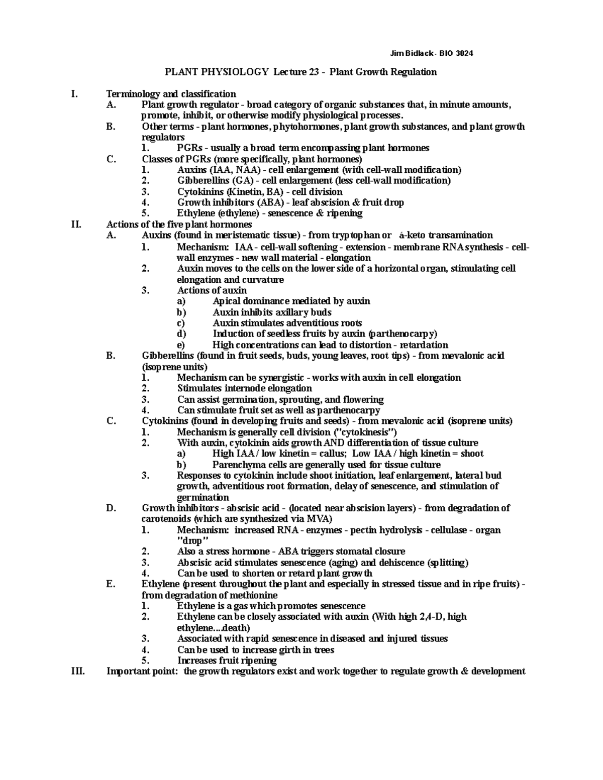 PGR - PLANT PHYSIOLOGY LECTURE NOTES - Jim Bidlack - BIO 3024 PLANT ...