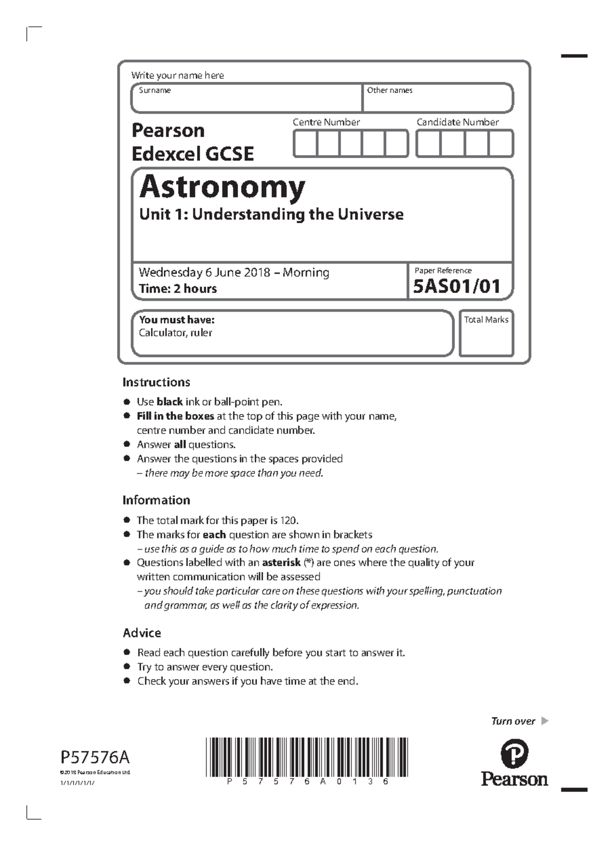 Astronomy GCSE pastpaper 1 2018 - Centre Number Candidate Number Write ...