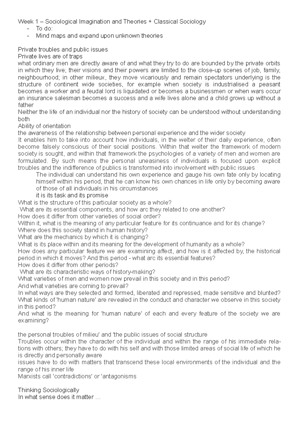 SOCY1050 Week 1 - Week 1 Lecture - Week 1 – Sociological Imagination and Theories + Classical ...