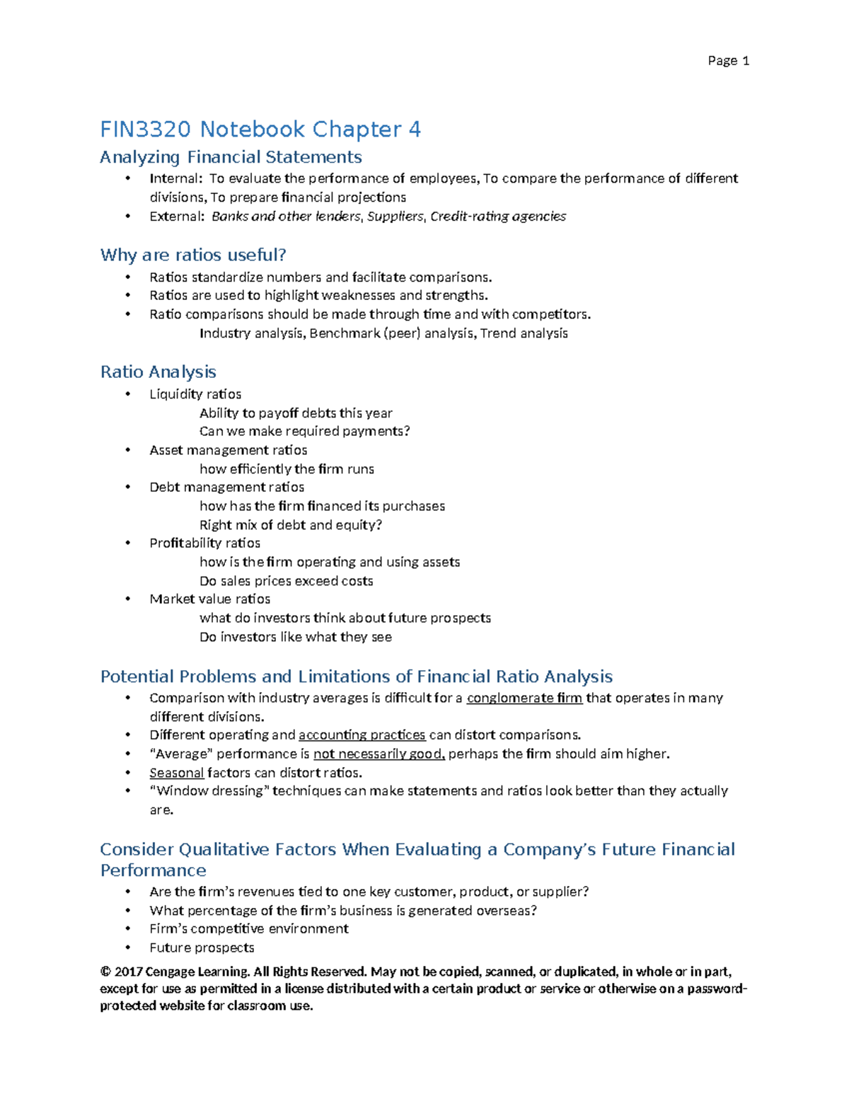 Chapter 4 Ratios - FIN3320 Notebook Chapter 4 Analyzing Financial ...