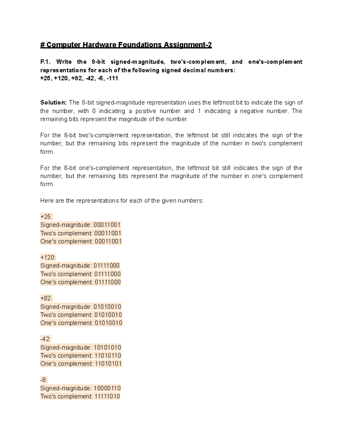 Computer Hardware Foundations Assignment-2 - Write the 8-bit signed ...