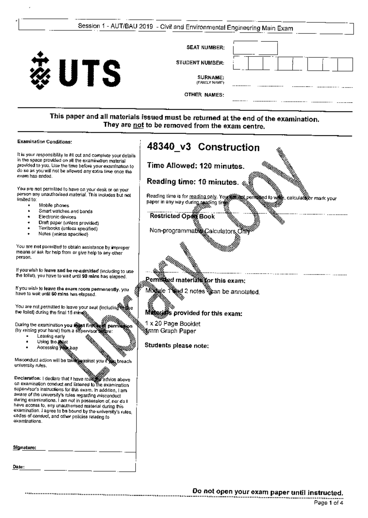 Exam 5 June 2019, questions - Session 1 -AUT/BAU 2019 -Civil and ...