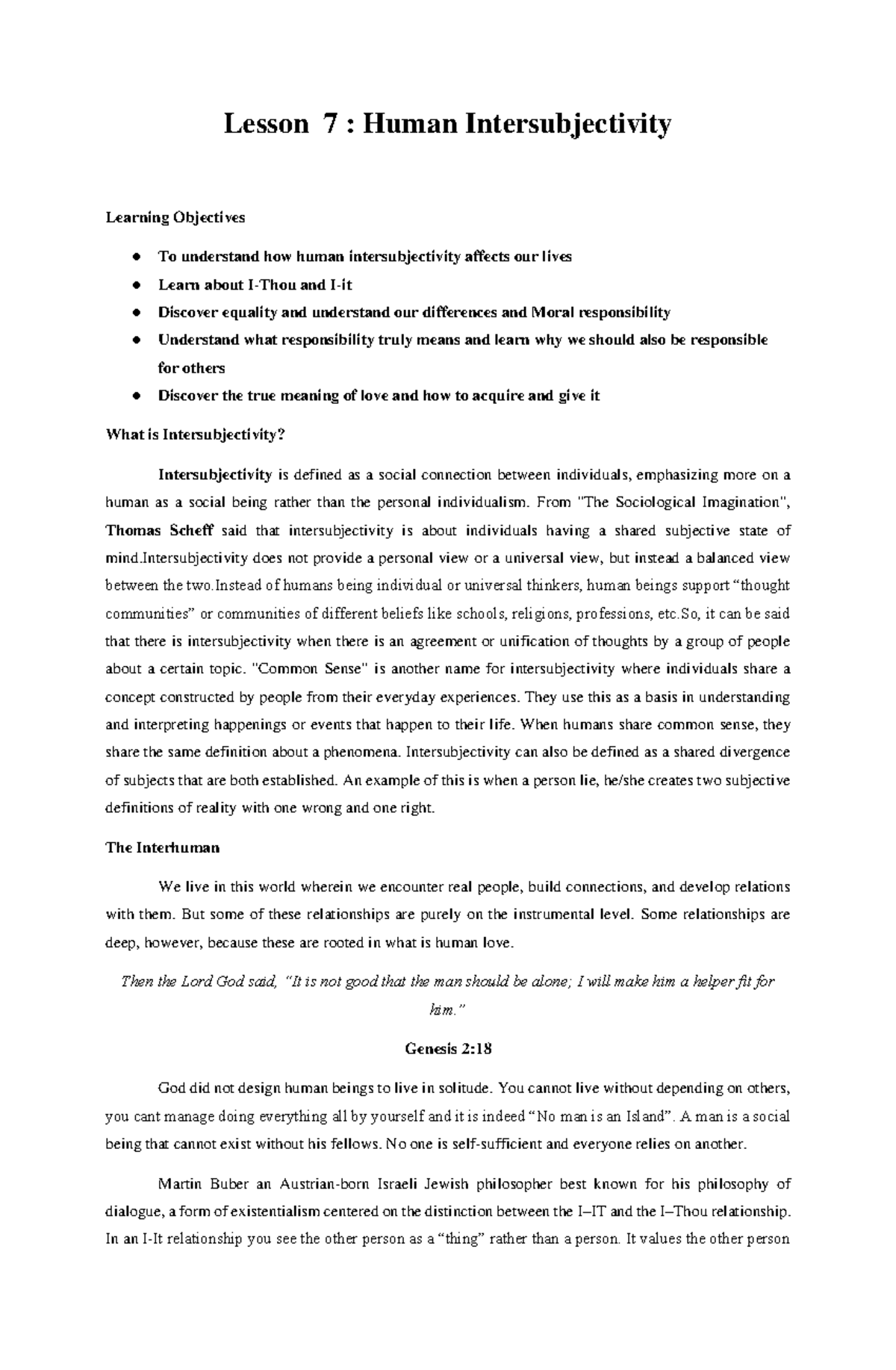 Lesson 7: Human Intersubjectivity - Lesson 7 : Human Intersubjectivity ...