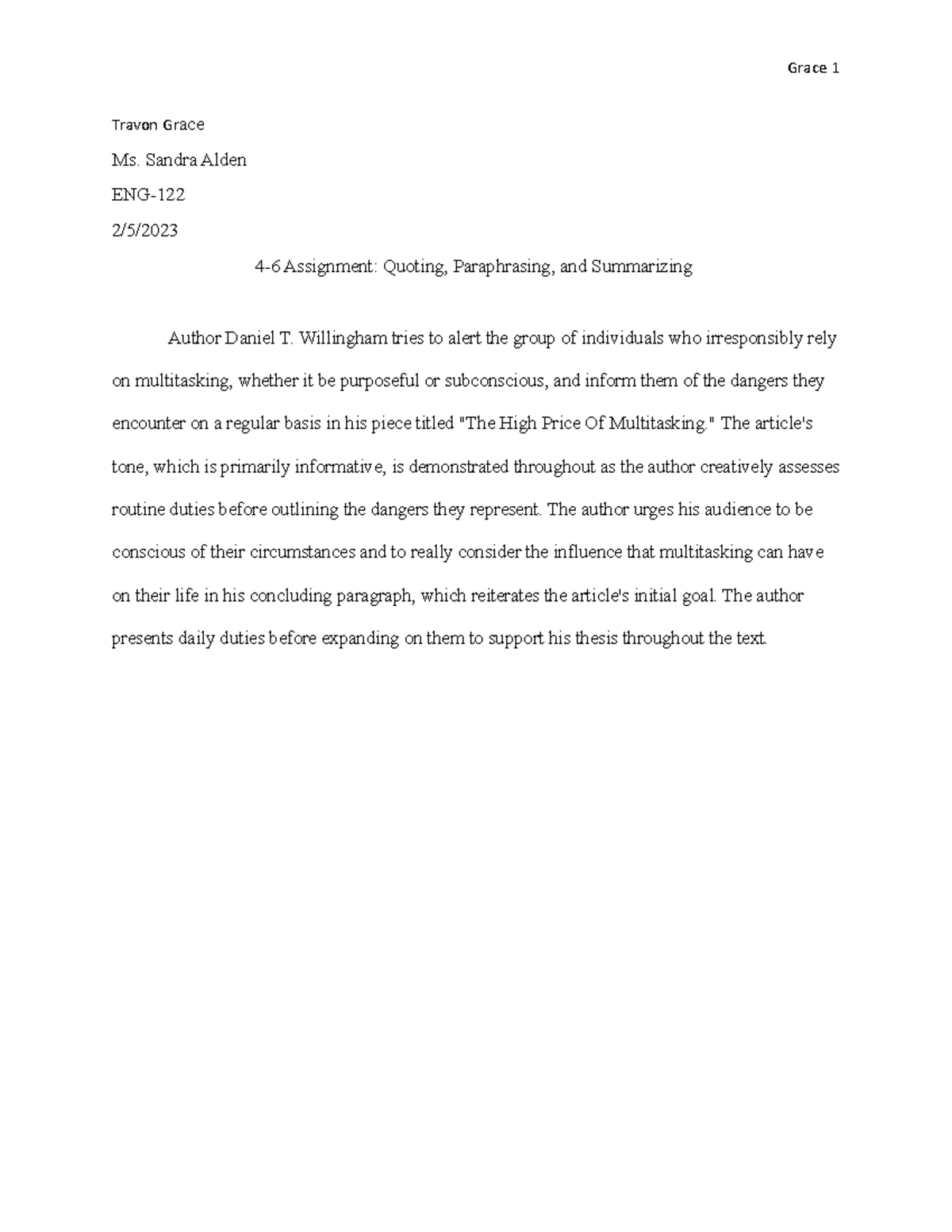 Quote and paraphrase copy - Grace 1 Travon Grace Ms. Sandra Alden ENG ...
