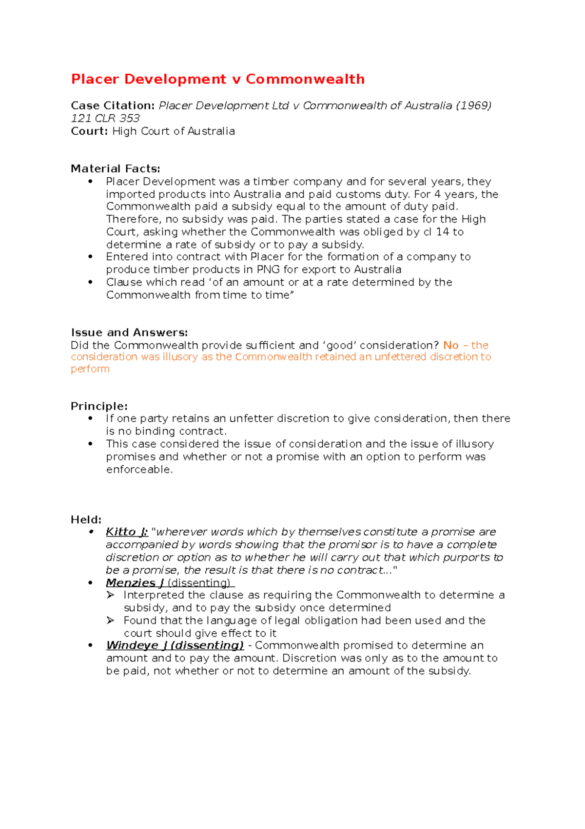 Placer Development v Commonwealth Case Summary - Placer Development v Commonwealth Case Citation ...