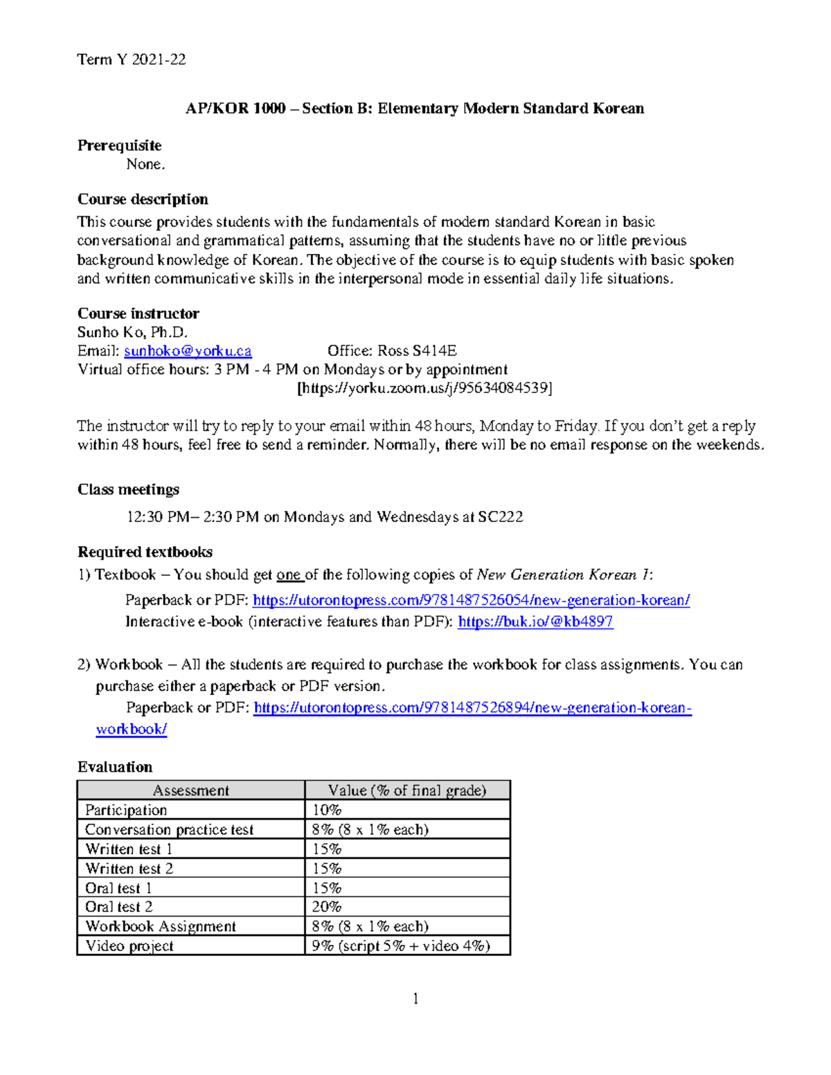KOR1000B Syllabus 2021 22 Sept4 - AP/KOR 1000 – Section B: Elementary ...